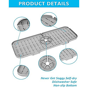 Large Silicone Dish Drying Mat with Faucet Mat - 20" x 16" - Dish Drying Mat, Dish Drainer Mat for Kitchen Counter, Heat Resistant Hot Pot Pad, Non-Slip Sink Mat, BPA Free, Dish Washer Safe(Grey)