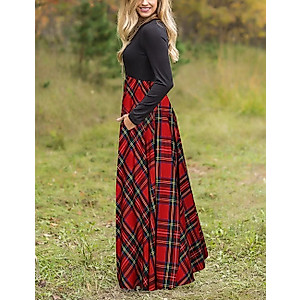 MEROKEETY Women's Plaid Long Sleeve Empire Waist Full Length Maxi Dress, Red#1, Large