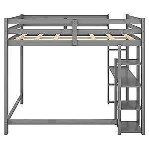 GLORHOME Full Size Wood High Loft Bed with Built in Side Desk, Shelves and Safety Guard Rails, Space Saving Bedroom Furniture for Kids Teens Adults, Grey