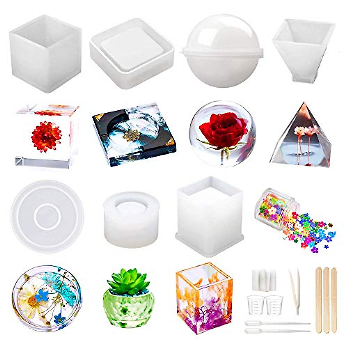 Resin Molds Silicone Kit 20Pcs,Epoxy Resin Molds Including Sphere,Cube,Pyramid,Square,Round, Used for Create Art,DIY,Ash trays,Coasters,Candles.Bonus Decorative Sequins and The Complete Set Tools