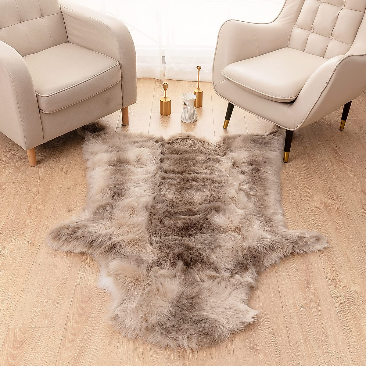 Carvapet Soft Fur Rugs Fake Reindeer Hide Area Rug Fluffy Faux Fur Carpet for Bedroom Floor Mat Home Decorative Throw Rug for Living Room, 4ft x 5ft, Brown