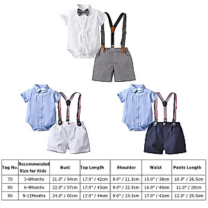 IDOPIP Baptism Outfits for Boys Baby Clothes Gentleman Formal Suit Set Bowtie Romper + Suspenders Shorts Pants 4PCS First Birthday Party Wedding Tuxedo Outfits for Cake Smash White + Gray 9-12 Months