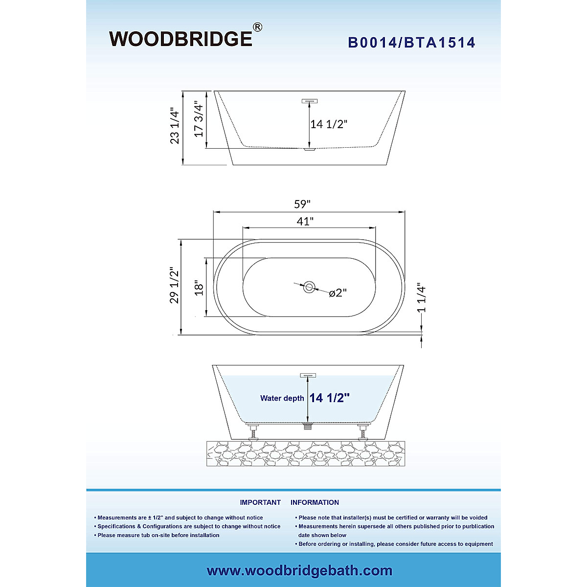 WOODBRIDGE 59" Acrylic Freestanding Bathtub Contemporary Soaking Tub with Brushed Nickel Overflow and Drain B0014B,White