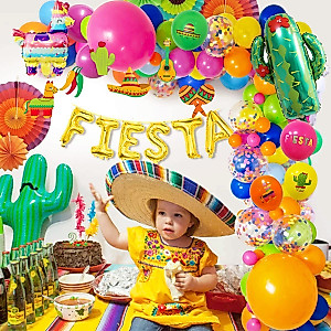 Fiesta Party Decorations Fiesta Balloon Garland Cactus Foil Balloon Mexican Cinco de Mayo Baby Shower Balloon Decoration Set Confetti Balloons with Llama Foil Balloons for Coco Party,Taco Party Decor
