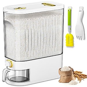 Lenwi 22 Lbs Rice Dispenser, Large Dry Food Storage Container with with Measuring Cup & Time Scale, Food Dispenser Kitchen Organization and Pantry Store for Cereal Dry Food (White)