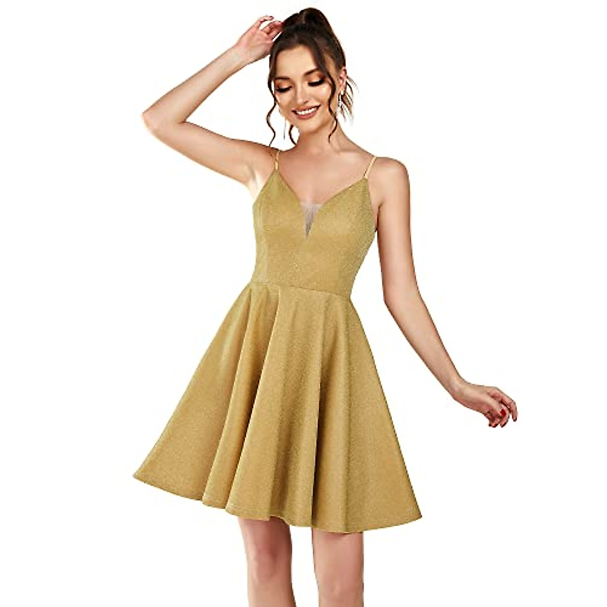 Ever-Pretty Women's Prom Dress Sparkle V Neck Sleeveless A-Line Mini Summer Dress Cocktail Dress Gold US4
