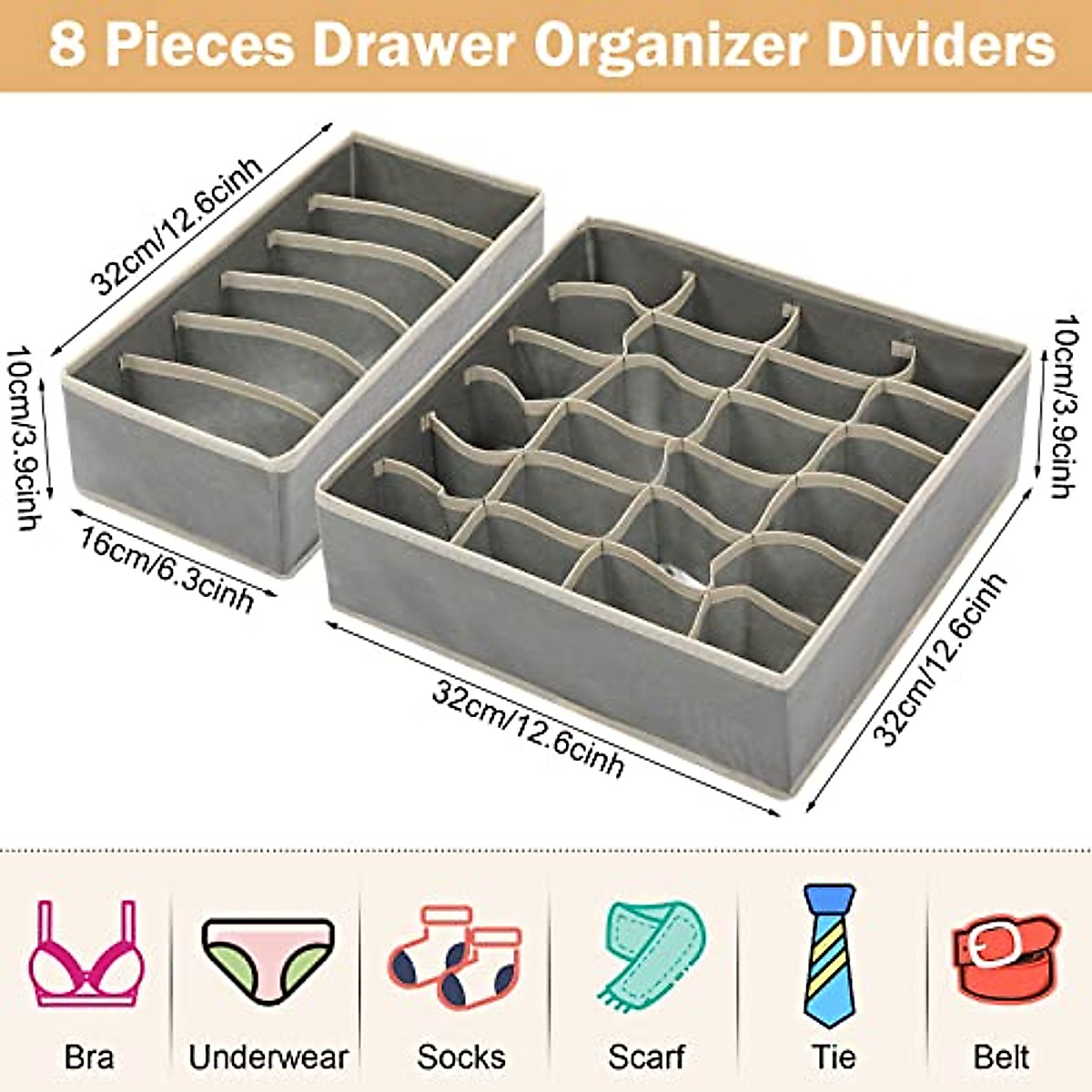 Kenning 8 Pieces Sock Underwear Drawer Organizer Dividers Set Fabric Foldable Cabinet Closet Organizers and Storage Boxes for Storing Socks Underwear Ties