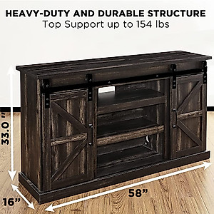 TURBRO Fireside FS58 TV Stand, Supports TVs up to 65", with Farmhouse Style Sliding Barn Door, Entertainment Center and Adjustable Shelves for Living Room Storage, Espresso (TV Stand Only)