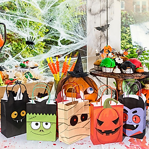 24 Pack Halloween Treat Bags Halloween Paper Gift Bags Trick or Treat Candy Goodie Bags with Handles Mummy Black Bat Frankenstein Vampires Evil Pumpkin Treat Bags for Halloween Party Favors Supplies