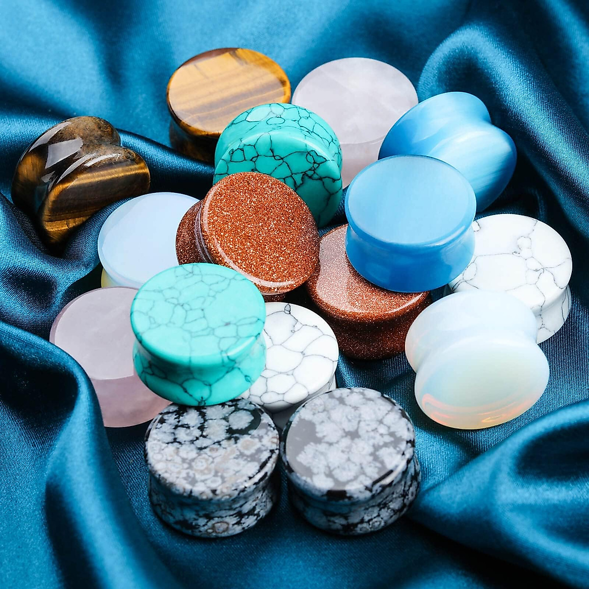 CABBE KALLO Natural Stone Ear Plugs Stretching Gauges Kit,16Pcs Mixed 6MM-20MM Saddle Double Flare Tunnel Unisex Earrings Ear Gauges, Tunnel Plug, Gauges for Women Stone Ear Tunnels & Saddle Plugs Set Ear Gauge Stretching Kit(1/2" (12mm))