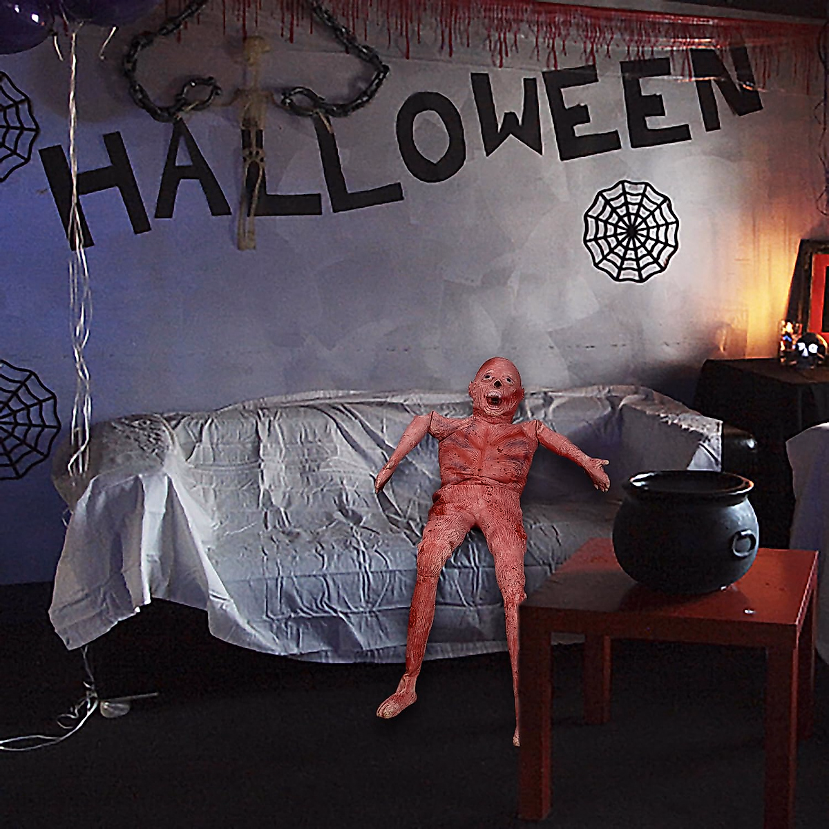 AOFOX Halloween Corpse Props Bloody Dead Body, 4.6ft Latex Skinned Full Hanging Body Fake Corpse Torso Halloween Body Parts Props for Haunted House Zombie Halloween Party Decoration