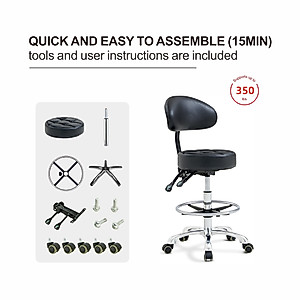 Grace & Grace Height Adjustable Rolling Swivel Tall Stool Chair with Back Support,Heavy Duty Stool with Wheels for Salon,Massage, Factory, Shop,Work (Black,with Back Support)