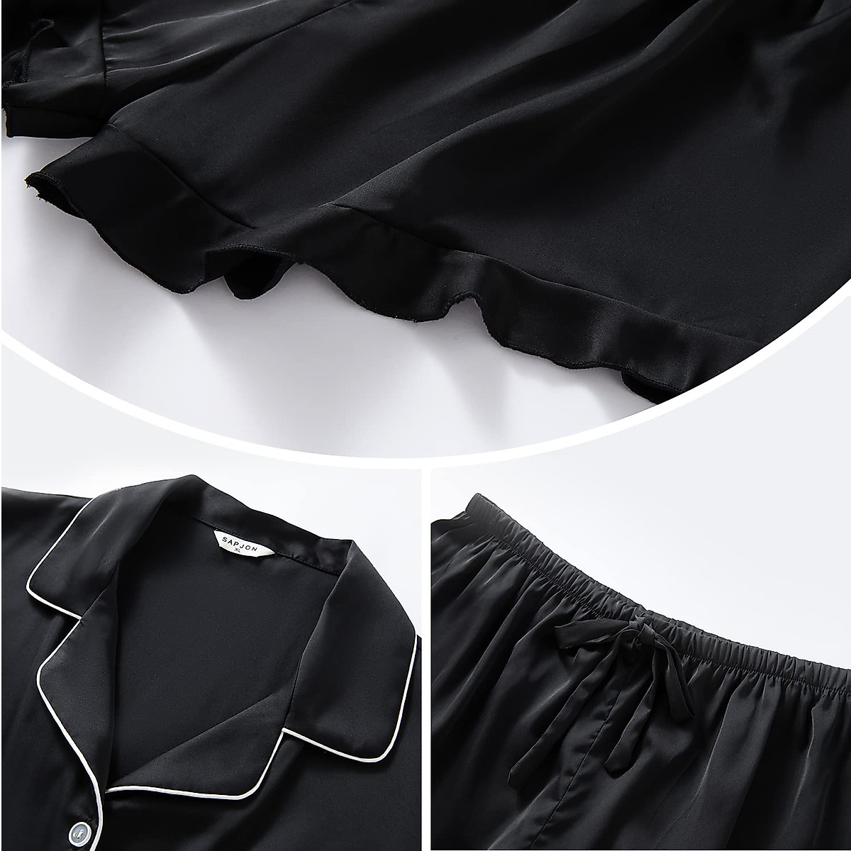 SAPJON Satin Silk Pajamas for Women 2Pcs Ruffle Notch Collar Sleepwear Button Down Short Sleeve Shorts Pjs Set Loungewear Black