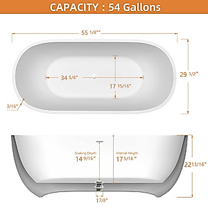 KUIKUI Classic Oval Shape Soaking Bathtub, 55" Acrylic Free Standing Bathtub withe Freestanding, Integrated Slotted Overflow,Pop-up Drain, Anti-clogging Black