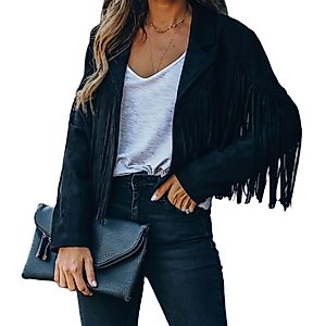 CHARTOU Casual Faux Leather Jacket Women Motorcycle Jacket Fringe Cropped Jacket Utility Tassel Suede Moto Jacket (Small,Black)