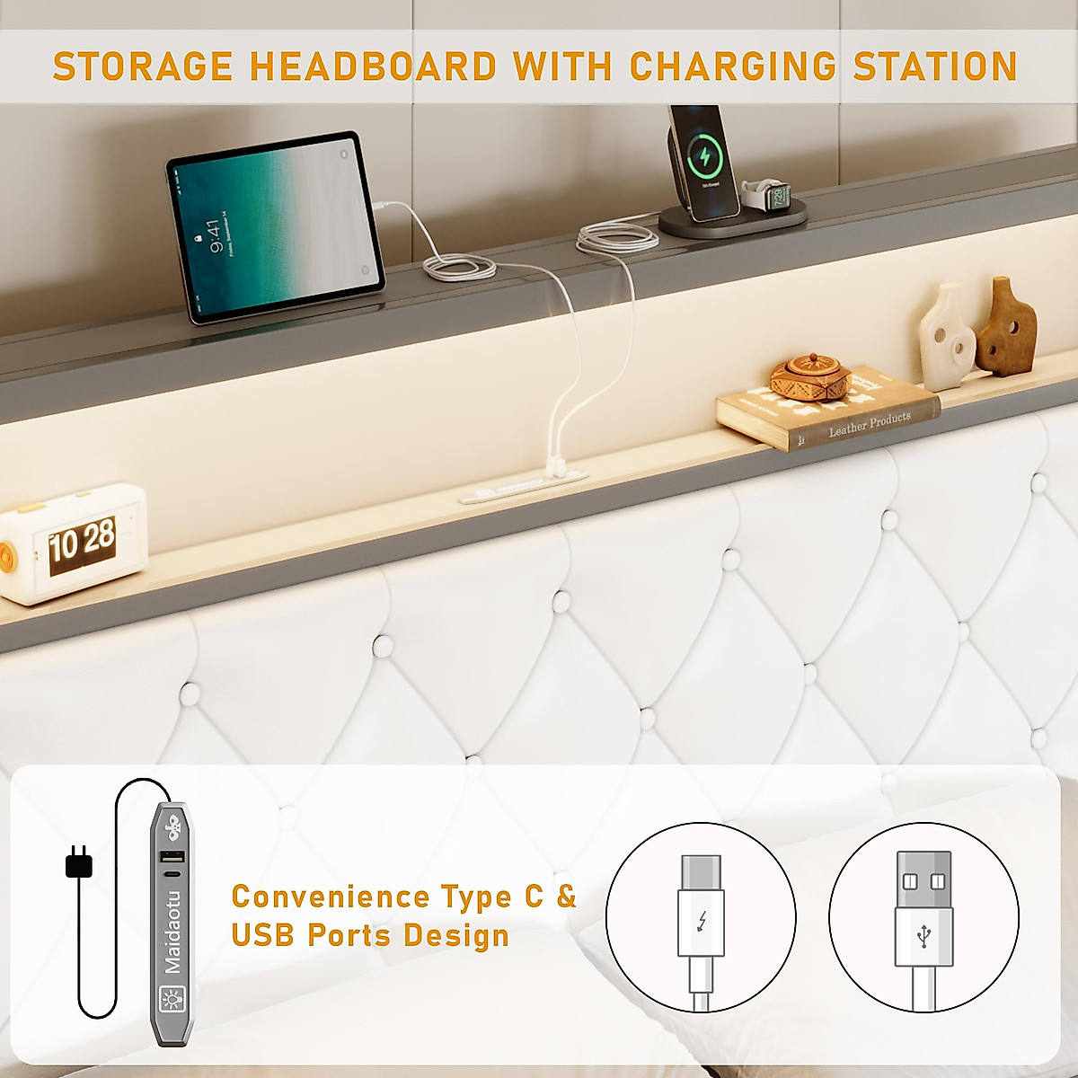 QPLZF Full Size Bed Frame with 2 Storage Drawers, Upholstered Full Bed Frame with LED Lights Headboard and Charging Station, No Box Spring Needed, Easy Assembly- Dark Grey