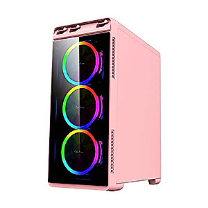 Apevia Aura-S-PK Mid Tower Gaming Case with 2 x Full-Size Tempered Glass Panel, Top USB3.0/USB2.0/Audio Ports, 4 x RGB Fans, Pink Frame