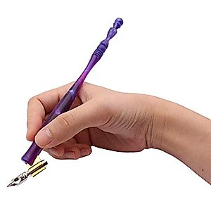 Xiaoyu Calligraphy Oblique Nib Pen Holder, English Calligraphy Pen Nib Holder, Resin Dip Pen Handle Nib Holder with 5 Flat Nibs, Blue and Pruple