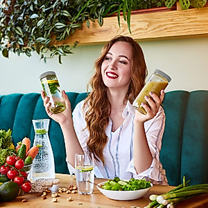 All About Juicing Clear Glass Water Bottles Set - 6 Pack Wide Mouth with Lids for Juice, Smoothies, Beverage Storage - 16 oz, Durable, Reusable, Dishwasher Safe, Leak Proof (Grey Caps)