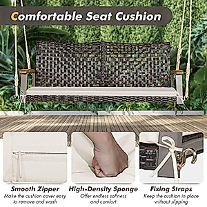 Happygrill 2-Seat Rattan Porch Swing Chair, Outdoor Wicker Swing Bench with Seat Cushion & Acacia Wood Armrests, Two 118” Hanging Ropes Included, Patio Hanging Swing Chair for Front Porch Backyard