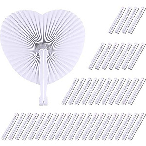 Zwin 48 Pcs Heart Shaped Paper Fans for Wedding Pocket Folding Paper Fans with Plastic Handle White Blank Fans for Guest Celebration Party Decoration