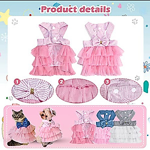 Pet Dog Dress Puppy Cats Tutu Fancy Cute Striped Mesh Vest Princess Petite Doggy Bowknot Dresses for Pomeranian Chihuahua Small Breed Dogs Skirt Puppies Clothes Supplies(Pink/Blue/Denim S)