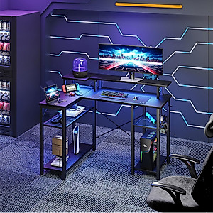 TREETALK Gaming Desk with Power Outlets & Music Strip Lights, L-Shaped Desk with 2-Layer Storage on Both Sides, Large Monitor Stand for Office Home