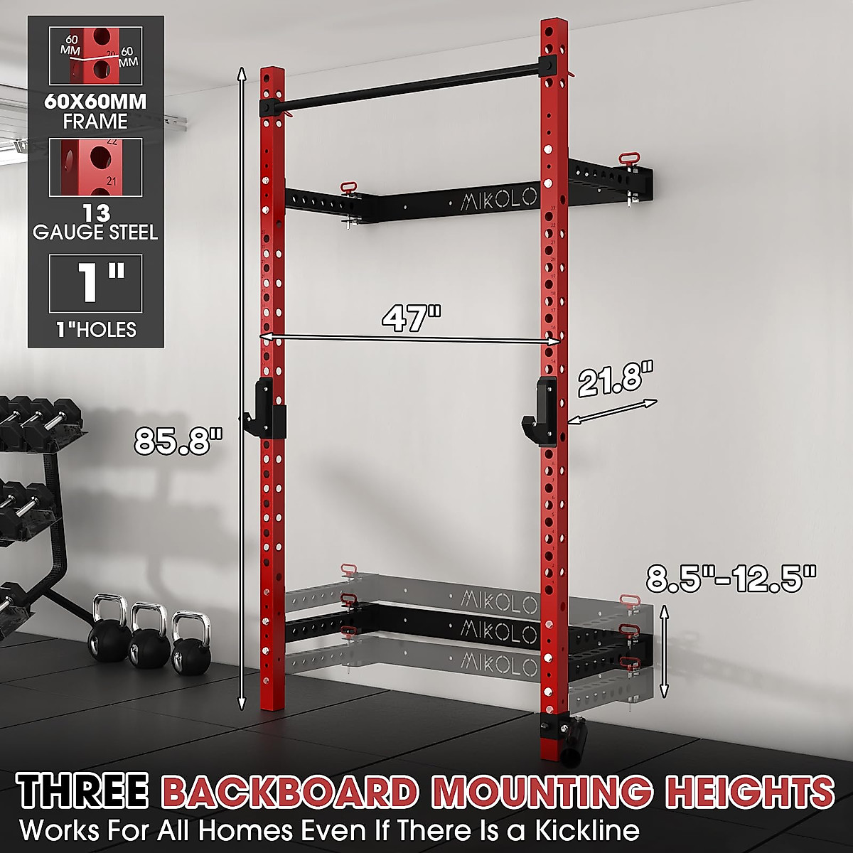 Mikolo Wall Mounted Squat Rack, Folding Power Rack with Lat Pulldown & Cable Crossover System, Power Cage with Pulley System and Training Attachments for Home Gym, Weight Capacity 1450LBS(Red)