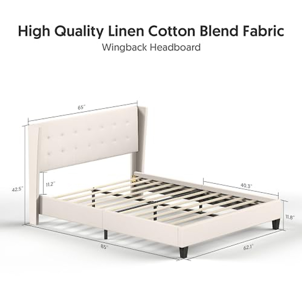 BONSOIR Bed Frame Upholstered Traditional Low Profile Platform with Wing Back Headboard/No Box Spring Needed/No Bed Skirt Needed/Linen Fabric Upholstery/Sand (Cream, Queen Size)