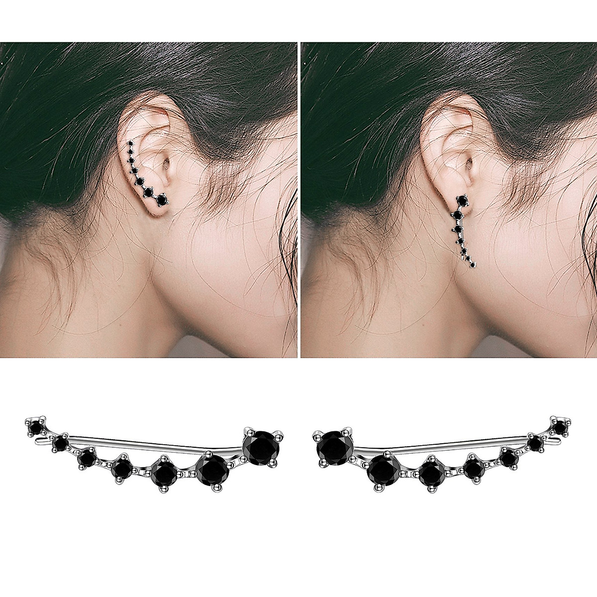 CZ Stud Earrings 925 Sterling Silver 18K Gold Plated Round Cubic Zirconia Hypoallergenic Set (7xing) (Black)