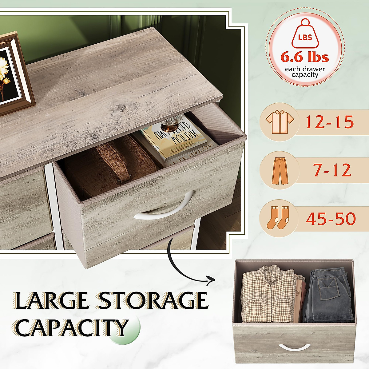 WLIVE Fabric Dresser for Bedroom, Tall Dresser with 8 Drawers, Storage Tower with Fabric Bins, Double Dresser, Chest of Drawers for Closet, Living Room, Hallway, Greige