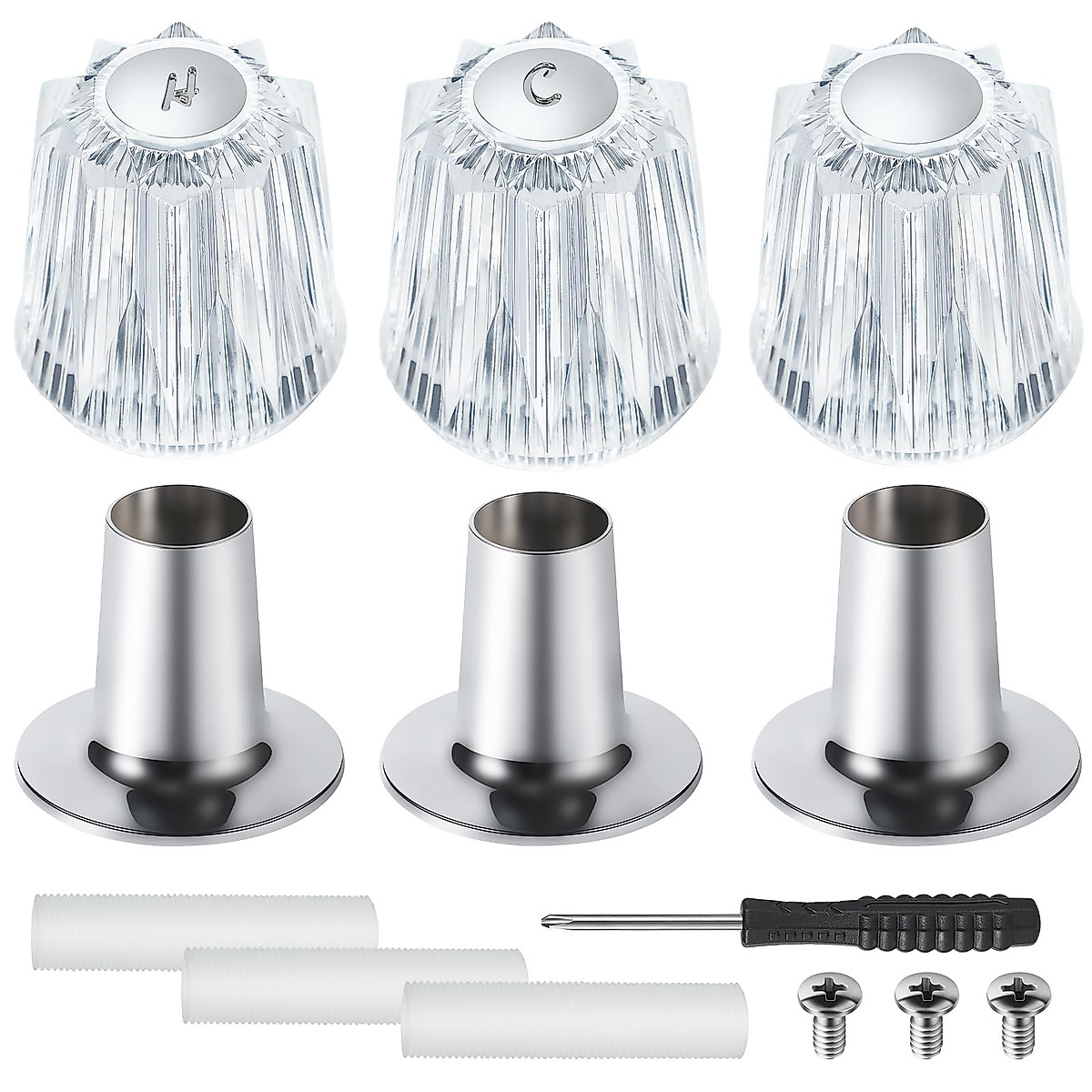 UCDETD Shower Knobs 3 Piece Replacement and Flange Base, Clear Acrylic Plastic Hot/Cold/Diverter Shower Knob Compatible with Price Pfister Contessa and Windsor Bathtub Shower Faucet Handle