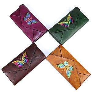 Genuine Leather Wallets for Women RFID Blocking Purse Vintage All in One Organizer Handmade Long Wallet Luxury Clutch (Green)