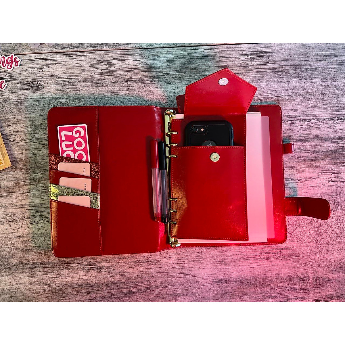 Planner Notebook A5 6 ring binder organizer (red) cover size 9,5’’x 7.25’’ Personal Business organizer planner Journals for writing Leather Journal for Women Notebook for journaling with pen