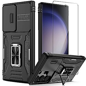 FRLMOOES for Samsung Galaxy S23 Ultra Case with Tempered Glass Screen Protector,Samsung Galaxy S23Ultra Kickstand Case with Slide Camera Cover&360°Magnetic Ring Stand Shockproof Phone6.8inch Man black