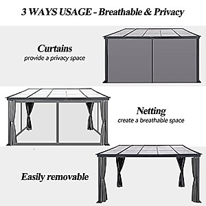 GARTOO 10' x 13' Outdoor Wall-Mounted Hardtop Gazebo, Aluminum Frame Pergola Sunroom with Sloping Polycarbonate Roof & Double Curtains for Garden, Lawn, Party, Deck