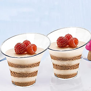 Cedilis 100 Pack 6oz Slanted Round Dessert Appetizer Tumbler Cups, Clear Plastic Dessert Cups with 100 Plastic Spoons, Slanted Cylinder Disposable Cups, Great for Event and Party