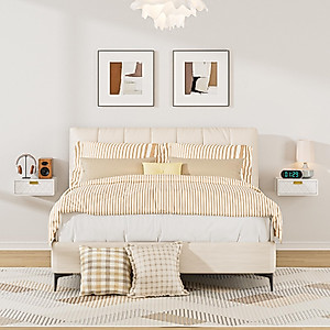 Aobafuir Floating Nightstand Shelf with Drawer, Small Modern Wall Mounted Nightstand, Shelves for Bedroom, White Diamond