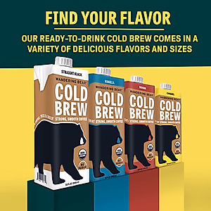Wandering Bear Straight Black Organic Cold Brew Coffee, Iced Coffee, 32 fl oz, 6 pack - Extra Strong, Smooth, Unsweetened, Shelf-Stable, Ready to Drink, Cold Brewed Coffee, Cold Coffee