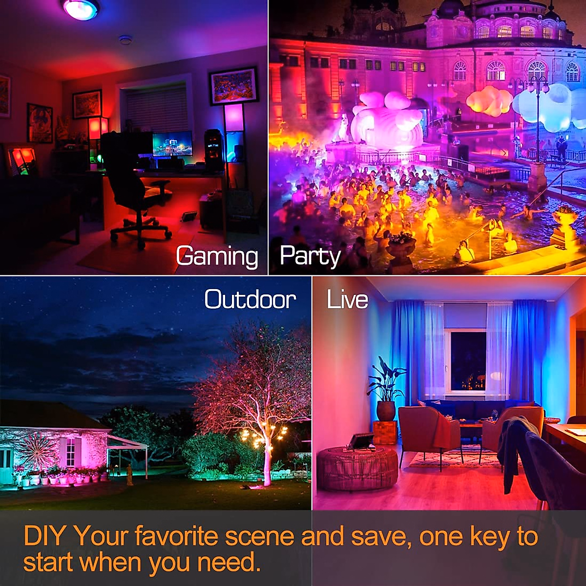 LED Flood Light Outdoor 800W Equivalent 8000LM RGB Landscape Light Controlled by BRmesh APP , No Remote, DIY Scenes - Timing - 5700K Daylight White - Color Changing Uplight, IP66 US Plug MELPO(4 Pack)