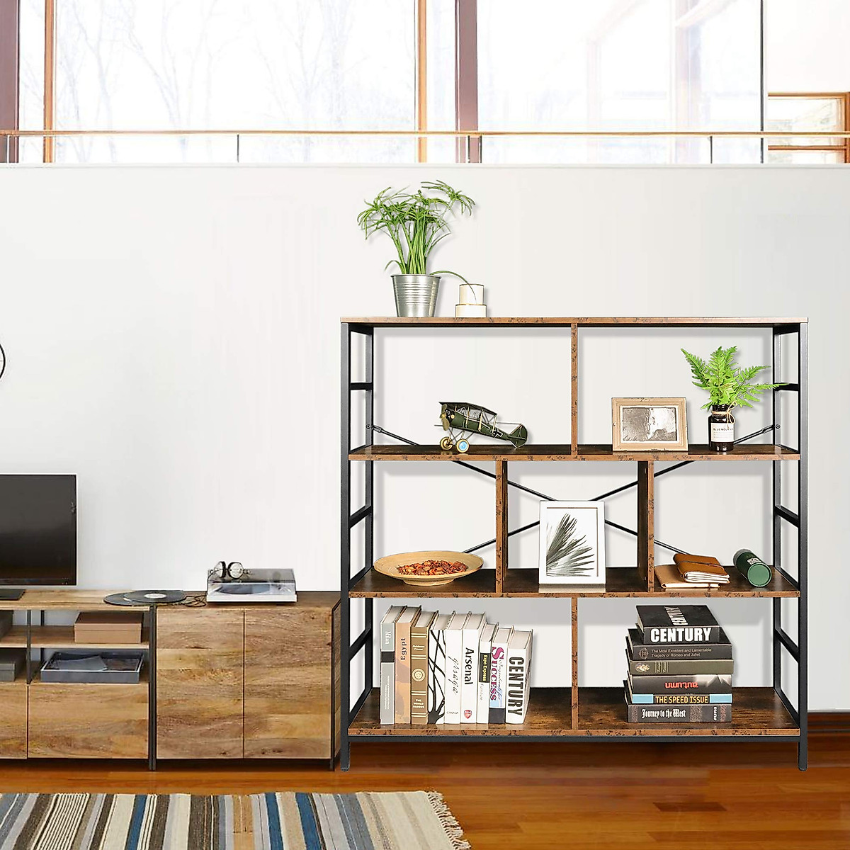 LAVIEVERT 3-Tier Square Bookcase, Standing Bookshelf Display Cabinet with 7 Open Storage Shelves Decor Furniture for Living Room, Bedroom, Home Office - Rustic Brown