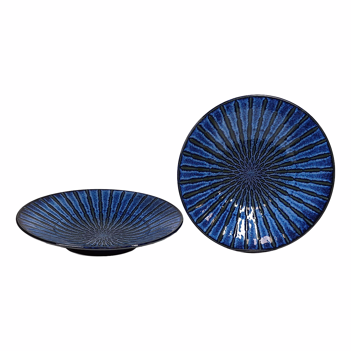 Ebros Gift Made In Japan Radiant Solar Flair Reduction Technique Pottery Glazed Ceramic Shallow Bowls Pack Of 2 Japanese Bowl Set 24oz 11.5"Dia Zen Asian Fine Dining Dinnerware Deep Plates (Blue)