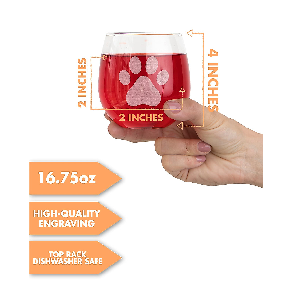 On The Rox Two Engraved Stemless Wine Glasses-16.75 Ounce Capacity-Paw Print Design- 2 Piece Set- Elegant Glass-Ideal Gift for any Dog Owner or Rescue-Birthday-Housewarming-Pet Owner-Made in USA