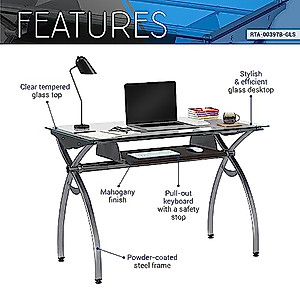 Techni Mobili Modern Work Desk-43.25” Wide Tray-Perfect Clear Contempo Glass Top Computer Desk with Pull Out Keyboard Panel, 43.25" W