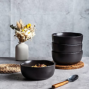 AmorArc Stoneware Cereal Bowls for Kitchen, 28oz Large Ceramic Soup Bowls Set of 4 for Meal, Chip-Resistant Kitchen Bowls with Wavy Rim, Reactive Glaze-Matte Black
