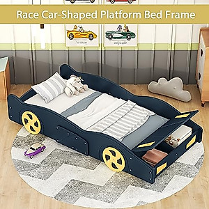 Nigwedete Twin Size Race Car-Shaped Platform Bed with Wheels, Wood Platform Bed Frame with Storage Space, Children Car-Shape Beds for Bedroom, Dark Blue+Yellow