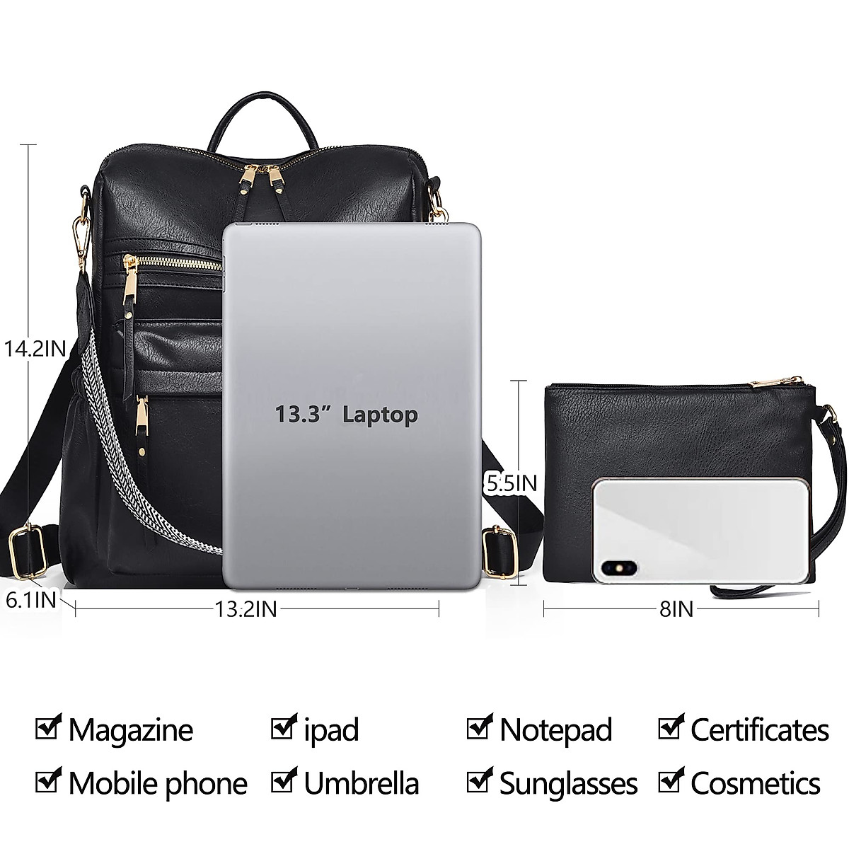 Dora & Liz Women Backpack Purse Fashion Leather Designer Ladies Convertible Travel College Shoulder Bags with Colorful Strap (Black-2Pack)