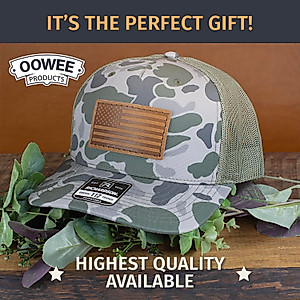 American Flag Hat for Men | Leather Patch Hat | Machine-Stitched Badge on Richardson 112 Trucker Hat | Adjustable Snapback Country Trucker Hat, Richardson Hat | Trucker Hat with Patch (Duck Camo)