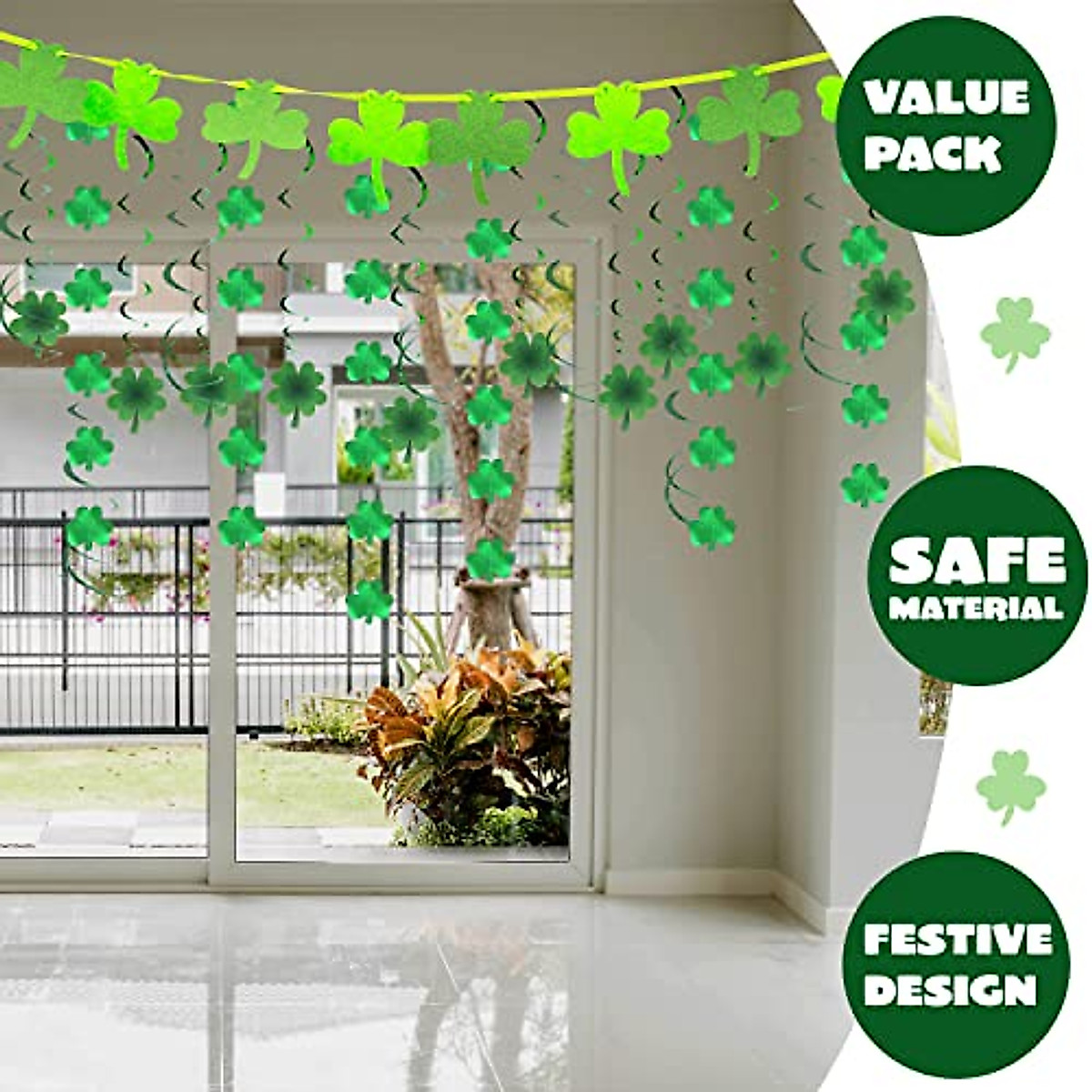 JOYIN 27 Pcs St. Patrick's Day Decoration with Irish Saint Patricks Green Shamrock Foil Strings, Hanging Swirls with Garland. St Patricks Ceiling Hanging and Wall Decoration