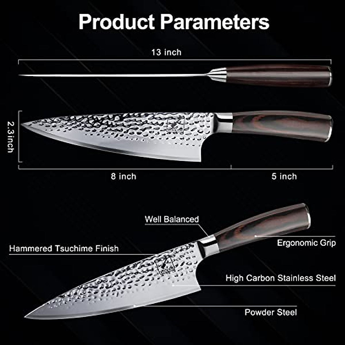 imarku Damascus Chef Knife, 8 inch Kitchen Knife Premium Sharp Cooking Knife HC German Stainless Steel Japanese Knife for Home Kitchen and Restaurant, Hand-Hammered, Ergonomic Handle, Gift Box